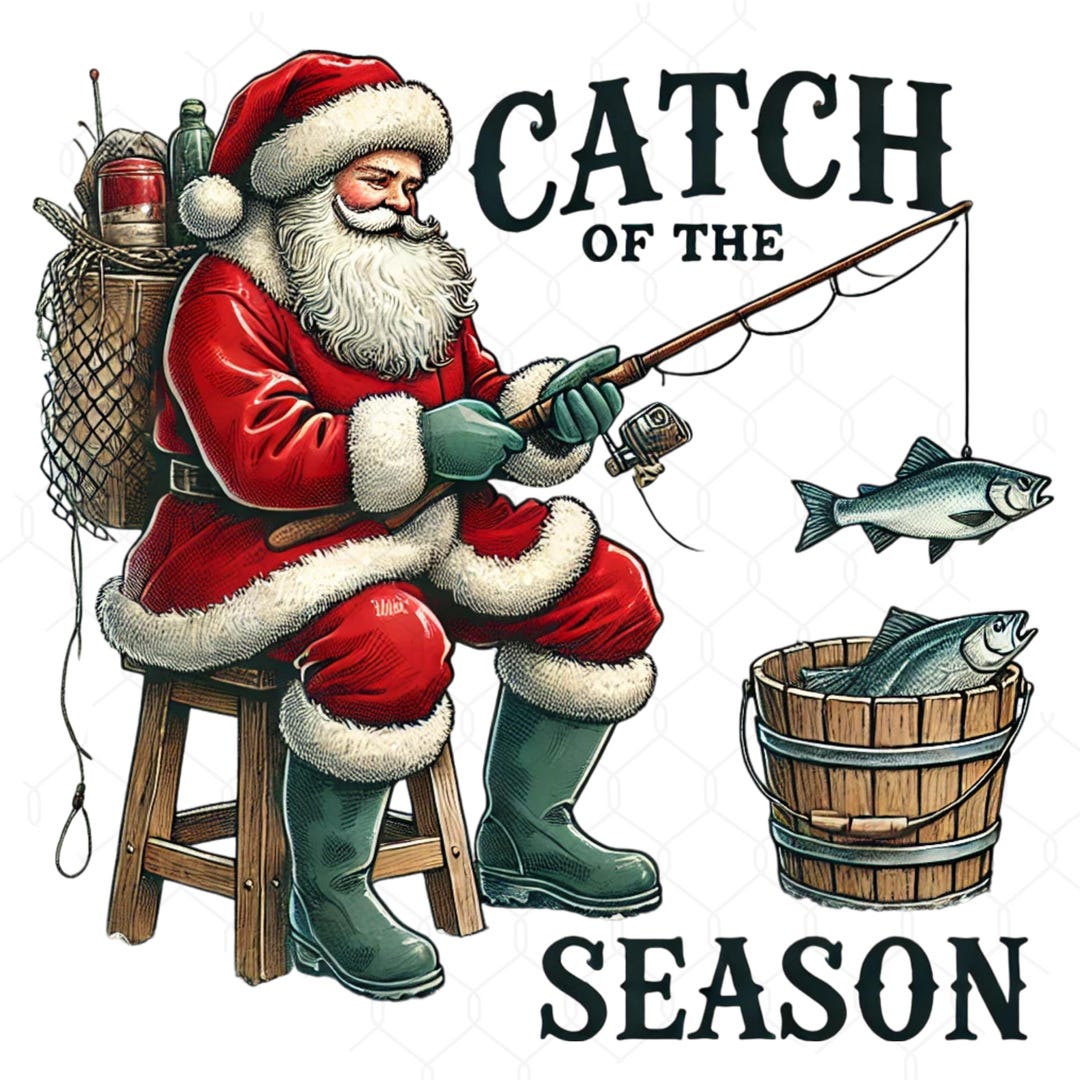 Santa Fishing Christmas Art Print, Catch of the Season Retro Holiday ...