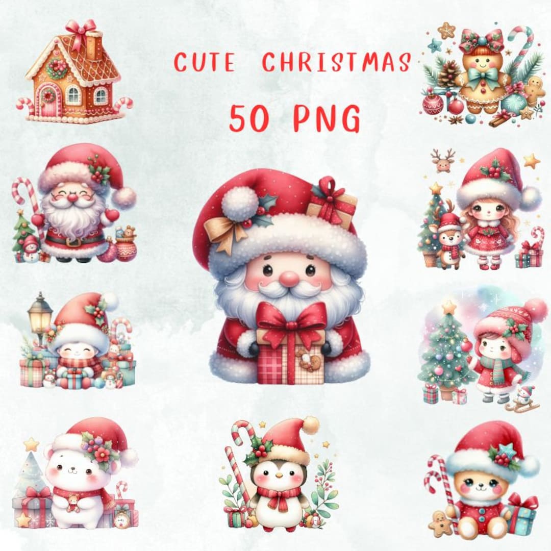 50 PNG Watercolor Cute Christmas, Santa, Cute Baby Animals Nursery ...