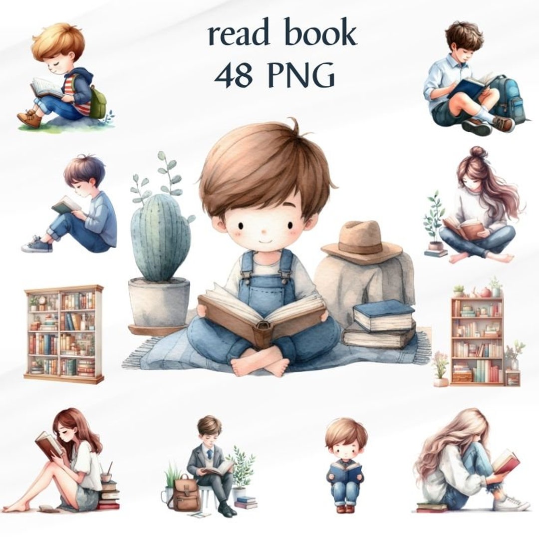 48 PNG Watercolor Read a Book, Cute Kids, Cute Children Clipart, Book ...
