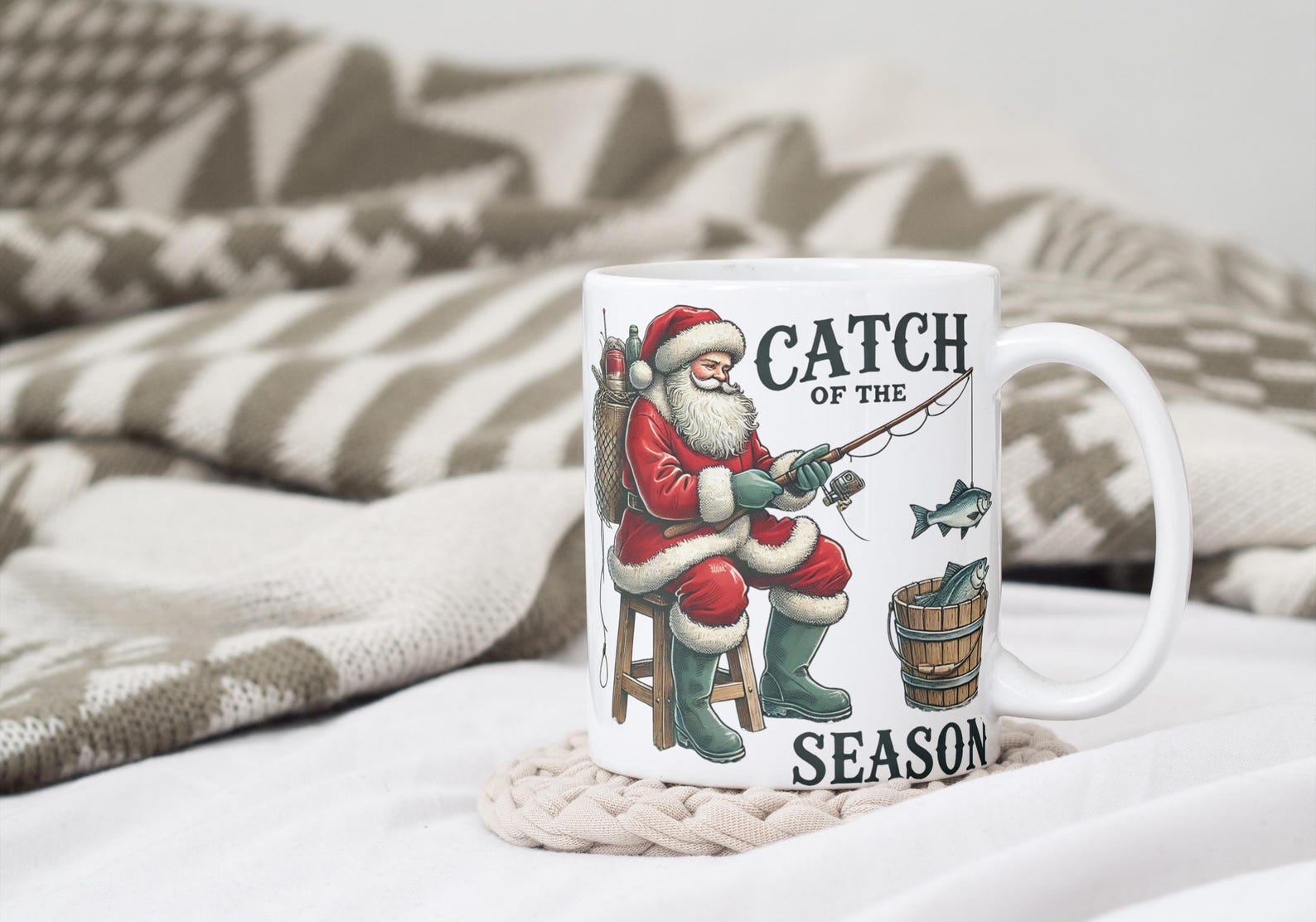 Santa Fishing Christmas Art Print, Catch of the Season Retro Holiday ...