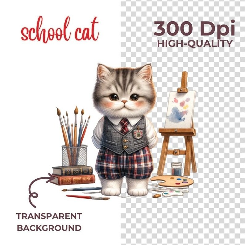30 PNG Watercolor School Cat Clipart, School Cat, Cute Cat Clipart ...
