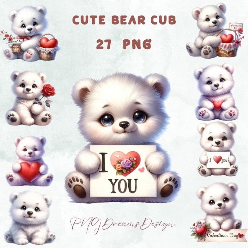 25 PNG Watercolor Cute Bear Cub Clipart, Valentines Day, Nursery ...