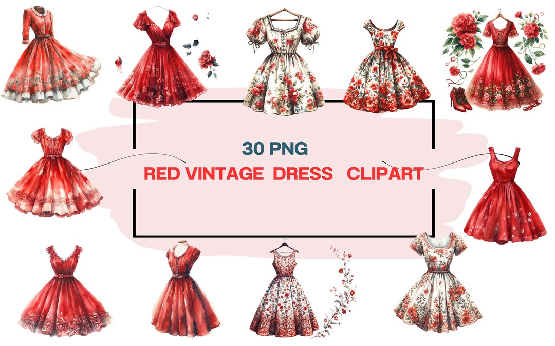 30 PNG Watercolor Red Vintage Dress Clipart, Princess Dress Clipart ...