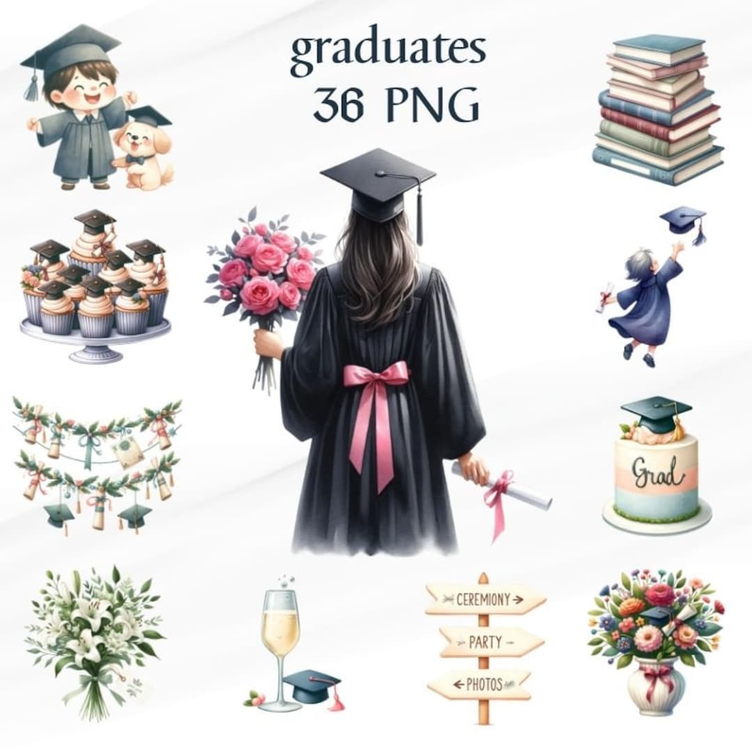 36 PNG Watercolor Graduation Collection Clipart, Floral Clipart ...