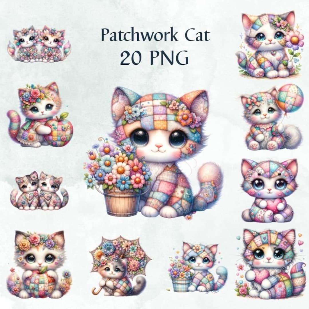 20 PNG Watercolor Patchwork Cat Bundle, Gift for Kids, Kids Animals ...