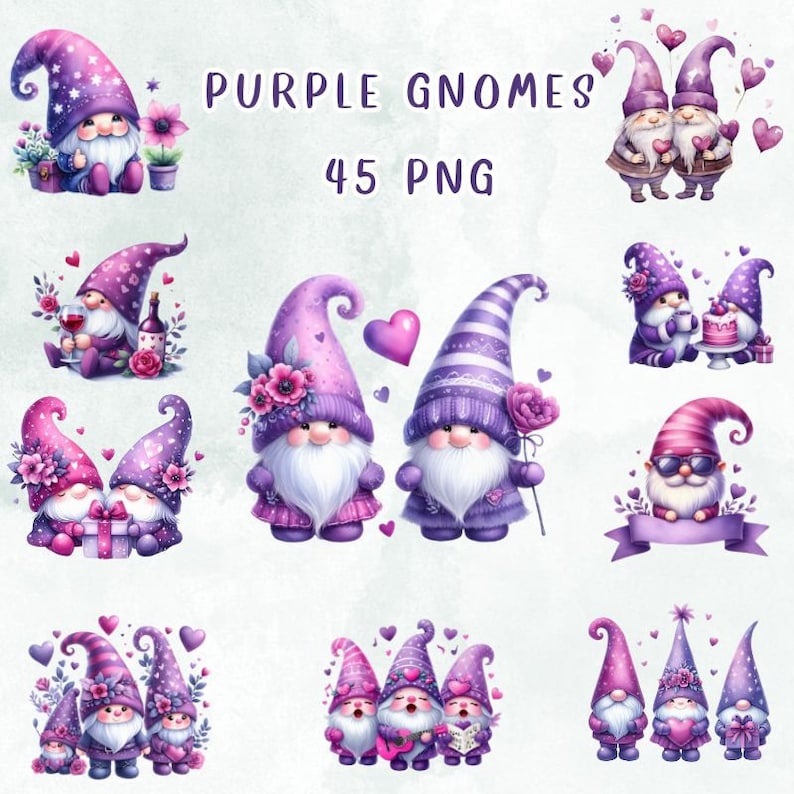 45 PNG Gnomes Clipart, Valentine's Day, Clipart Bundle, Purple Gnomes ...