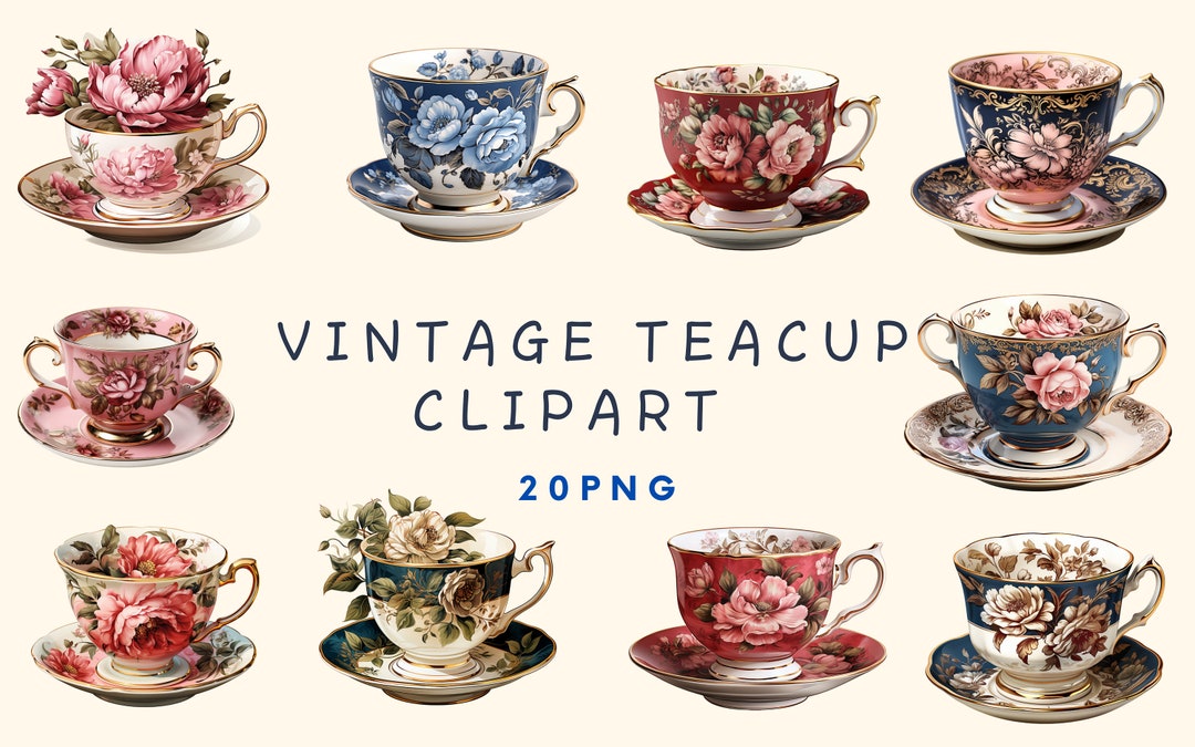 20 PNG Vintage Teacup Clipart Bundle transparent Background Digital ...