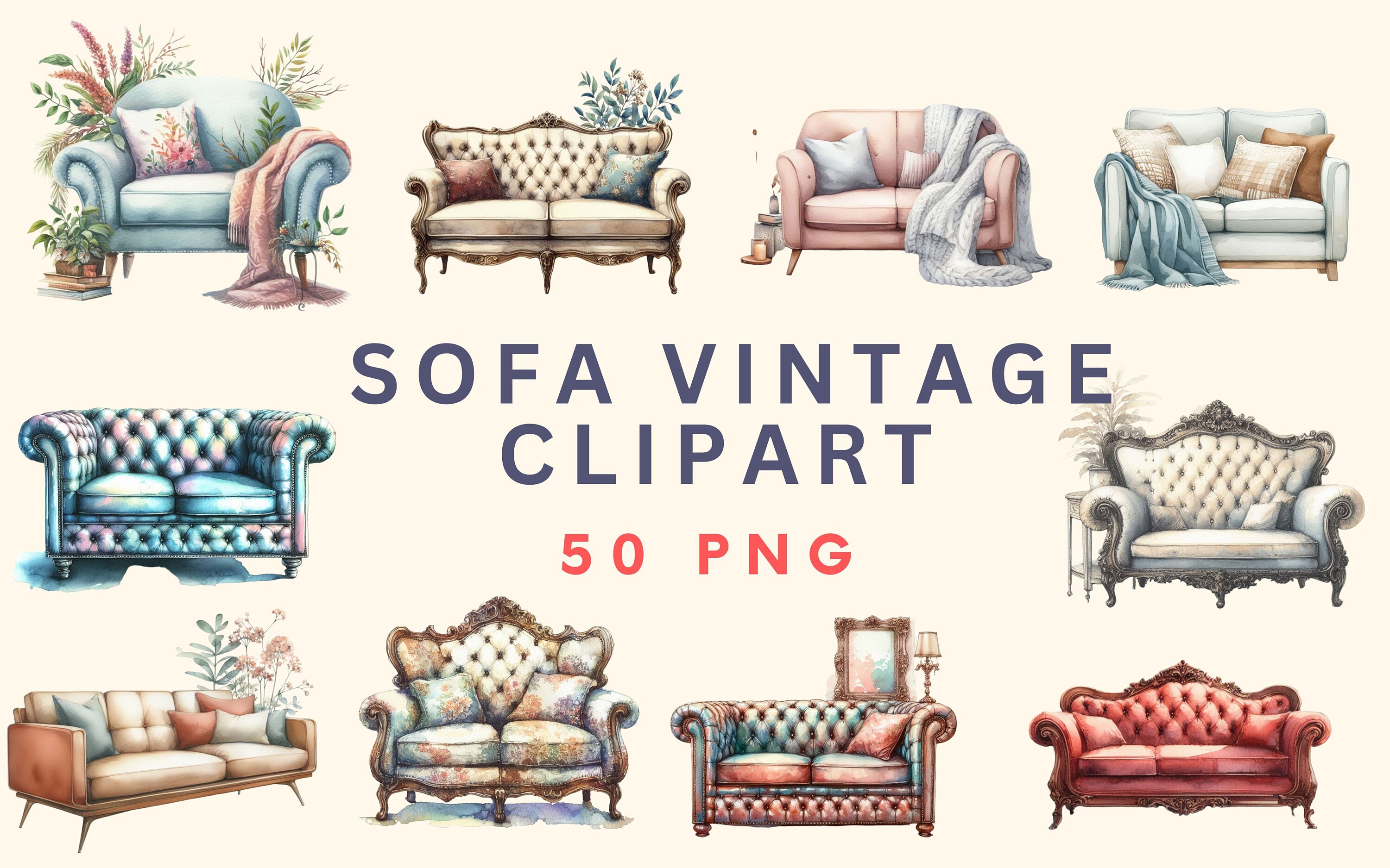 50 PNG SOFA Clipart, Sofa Vintage, Clipart Bundle, Interior Design - Etsy