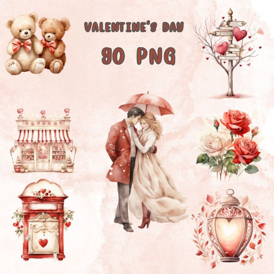 90 PNG Watercolor Valentine's Day Clipart, Clipart Bundle, Boho ...