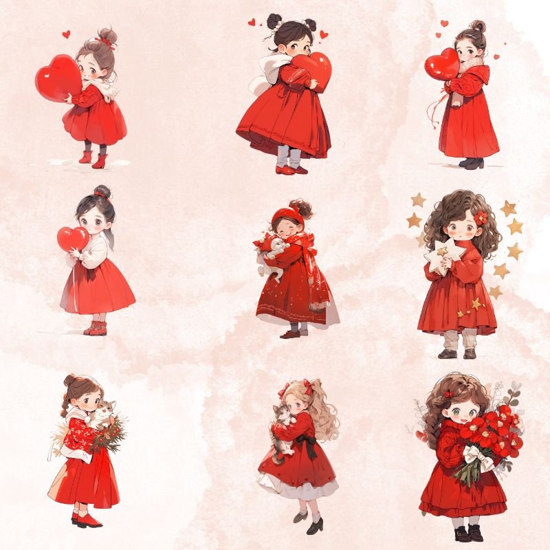 35 PNG Watercolor Girl Wearing a Red Dress, Clipart Bundle, Valentines ...
