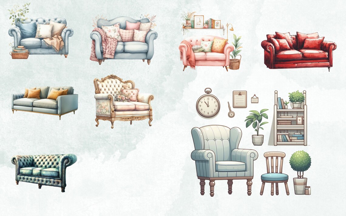 50 PNG SOFA Clipart, Sofa Vintage, Clipart Bundle, Interior Design - Etsy