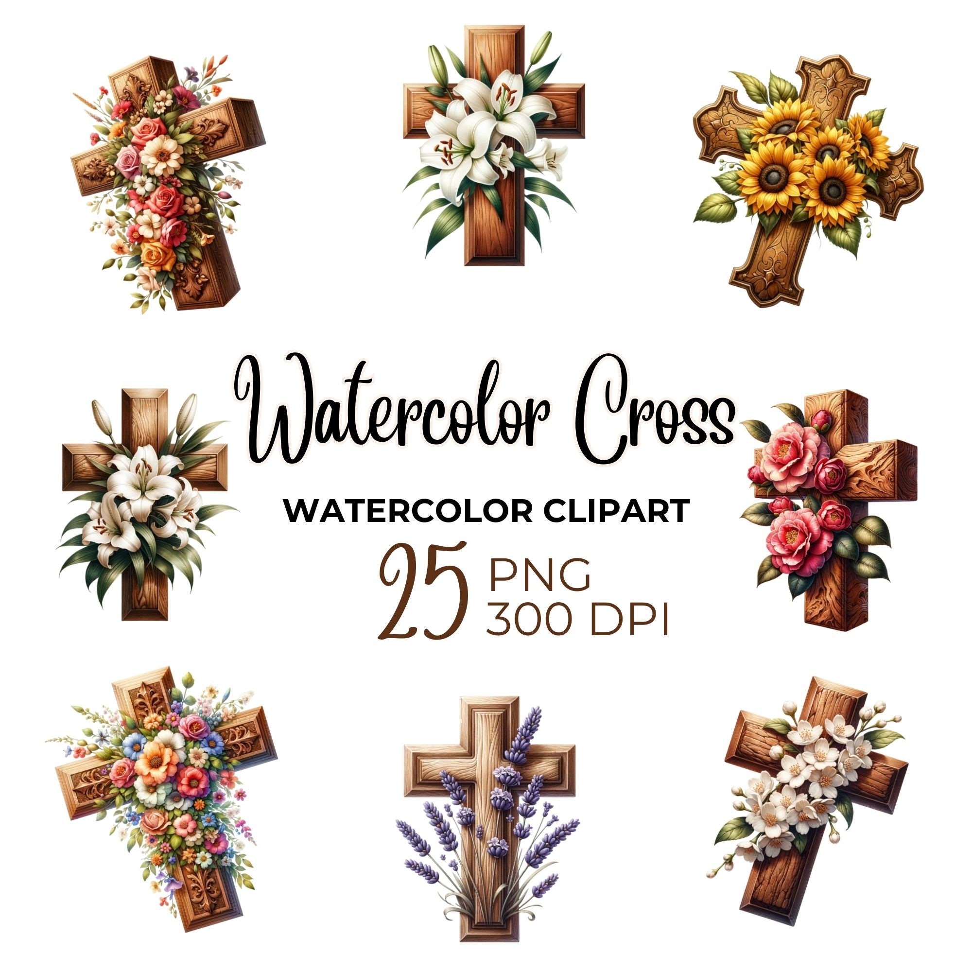 25 PNG Watercolor Flower Cross Clipart Bundle Clip Art , Christian ...