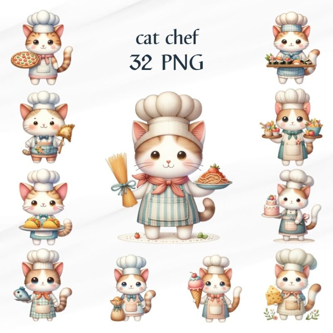32 PNG Watercolor Cat Chef Clipart, Foodie, Food, Cute Cat Clipart, for ...