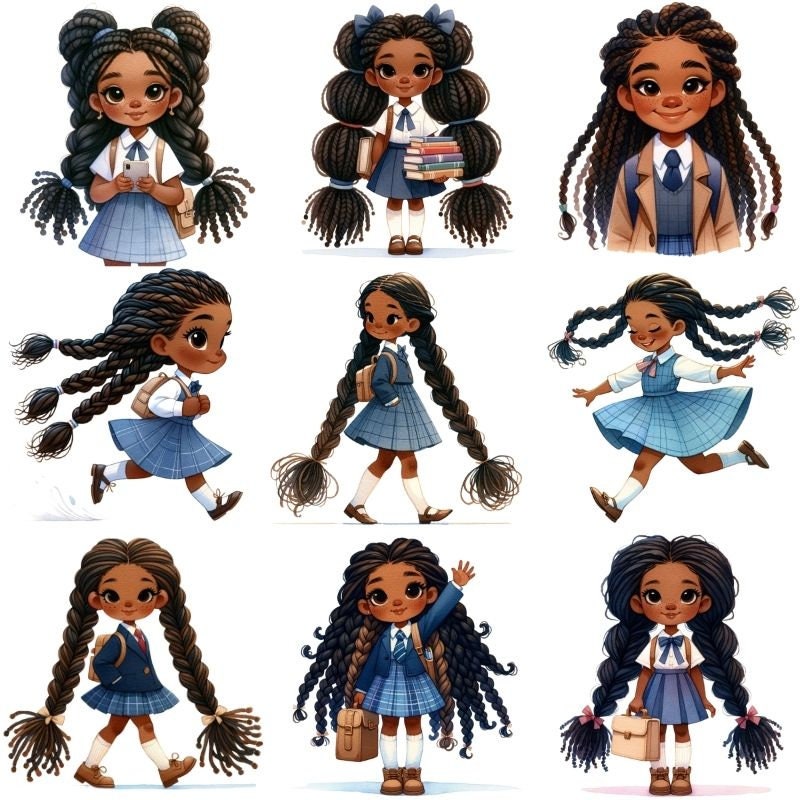 32 PNG Watercolor African American Girl, Clipart Bundle, Cute African ...