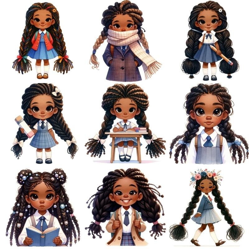 32 PNG Watercolor African American Girl, Clipart Bundle, Cute African ...