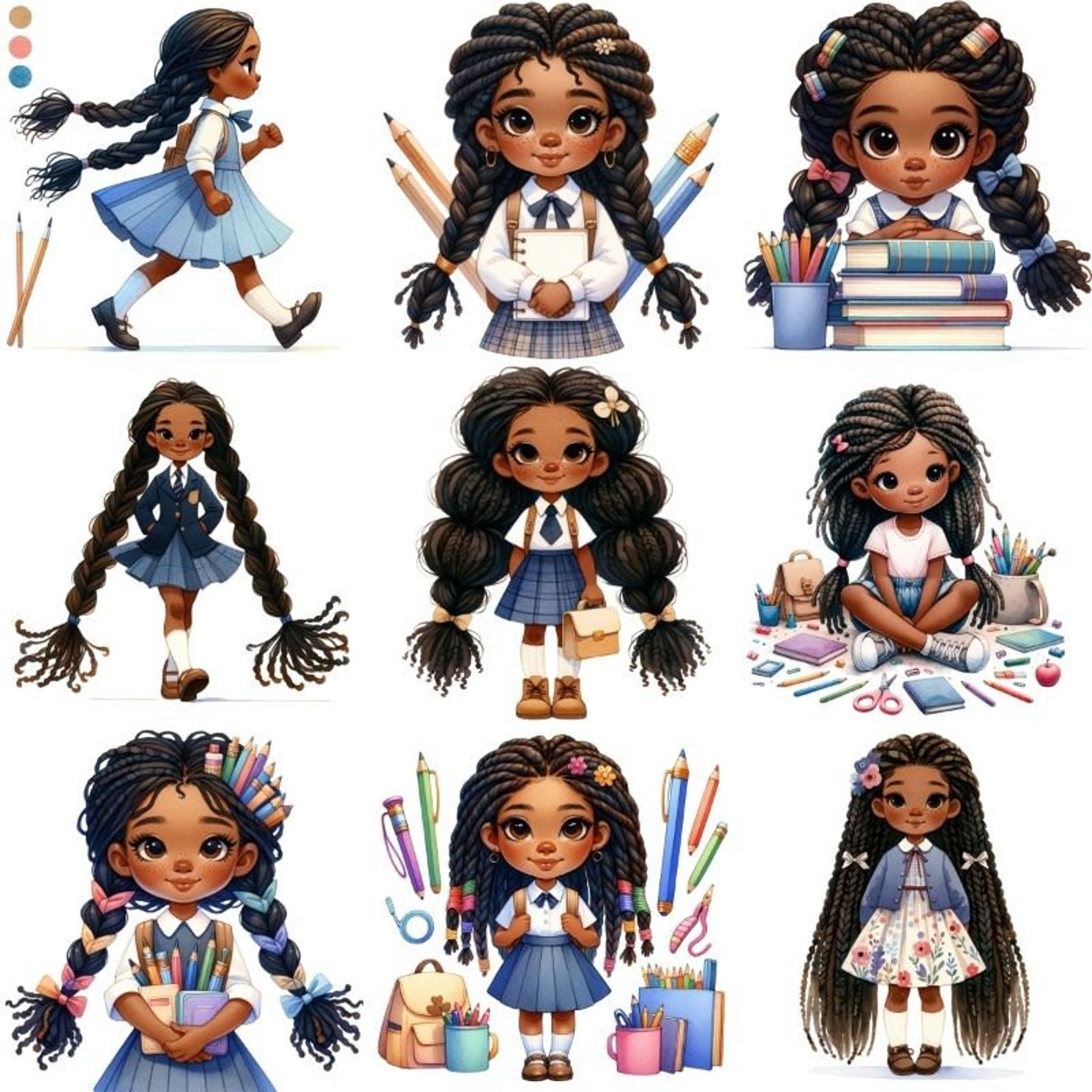 32 PNG Watercolor African American Girl, Clipart Bundle, Cute African ...