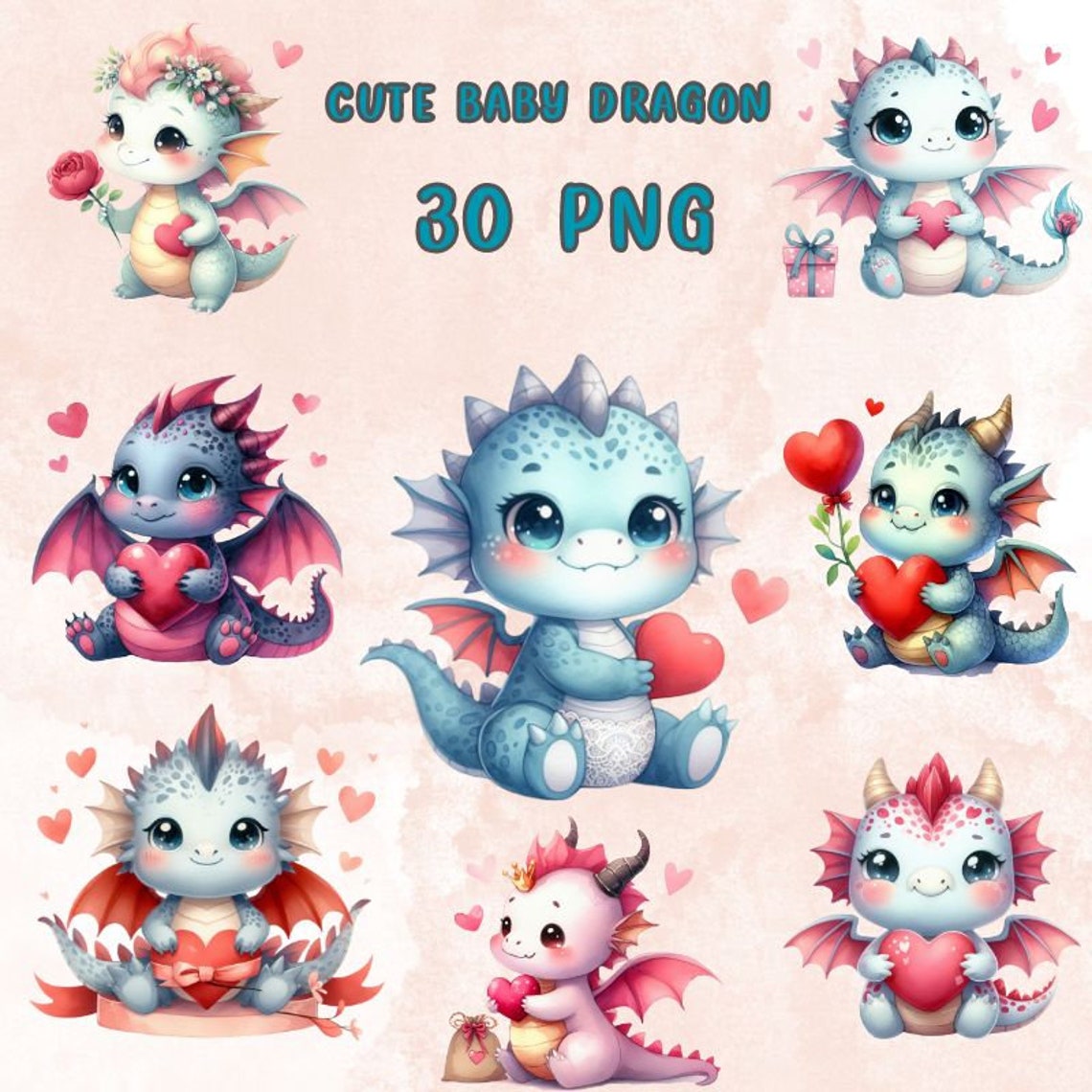 25 PNG Watercolor Cute Baby Dragon, Clipart Bundle, Nursery Decoration ...
