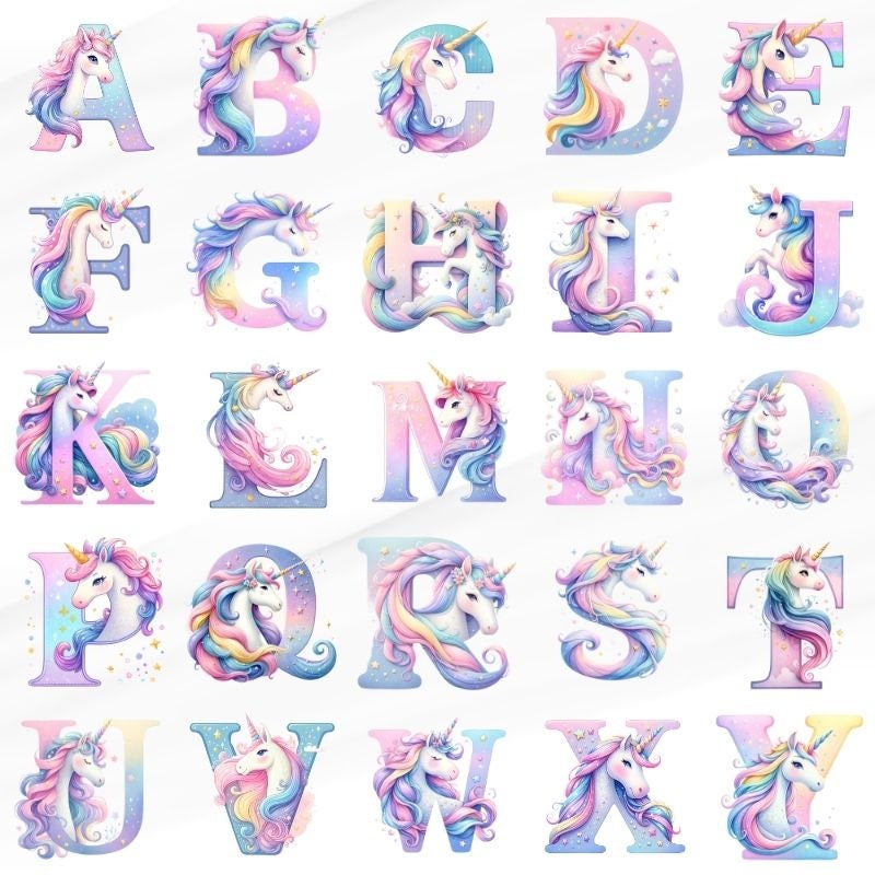 50 PNG Pastel Unicorn Alphabet 300dpi, Alphabet PNG, Alphabet ...