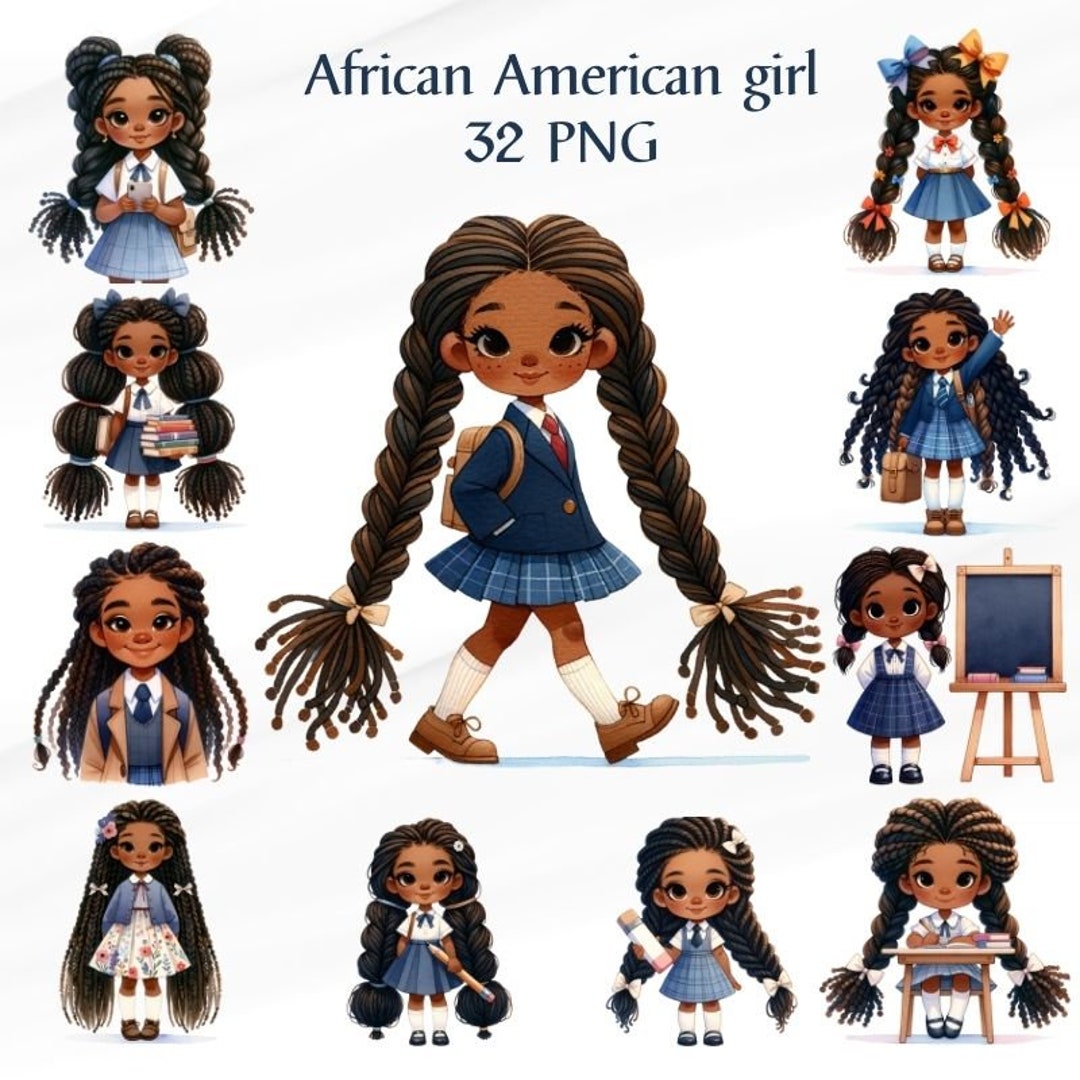 32 PNG Watercolor African American Girl, Clipart Bundle, Cute African ...