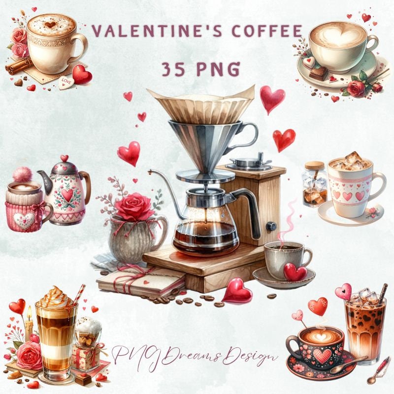 35 PNG Valentine's Day Coffee Clipart, Clipart Bundle, Romantic Clipart ...
