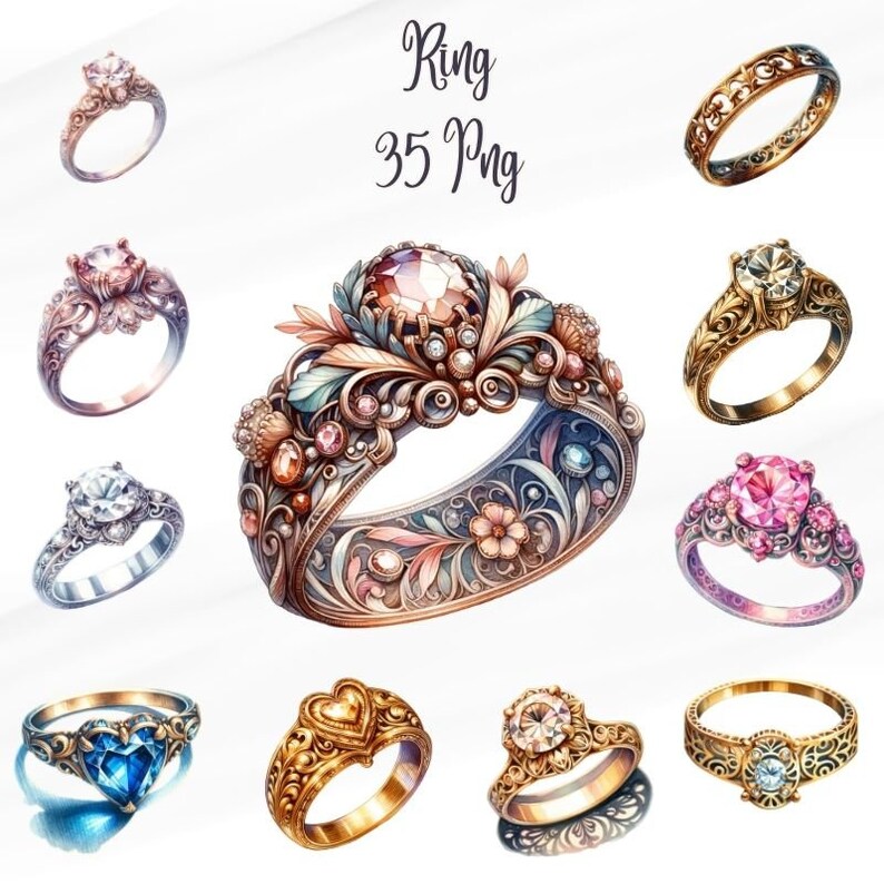 35 PNG Watercolor Rings Clipart, Clipart Bundle, Romantic Clipart , Engagement Ring Clipart ...