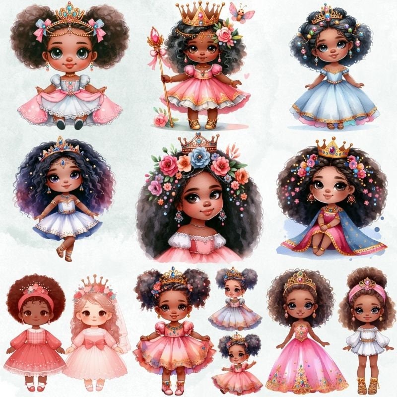 25 PNG Watercolor American African Princess, Clipart Bundle, Cute ...