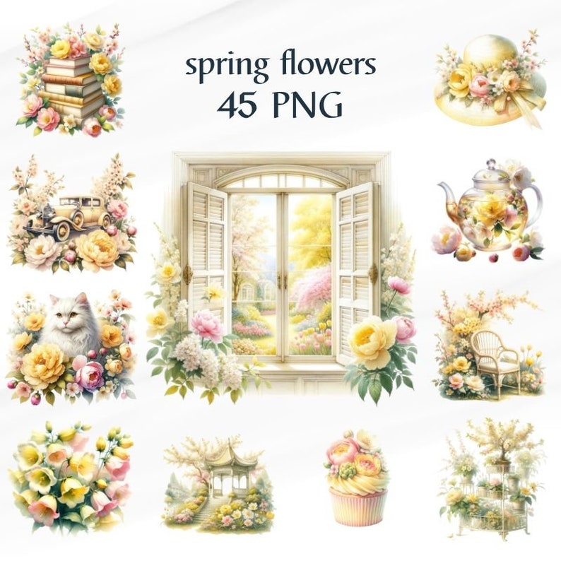 45 PNG Spring Flowers, Clipart Bundle, Flowers Clipart, Watercolor ...