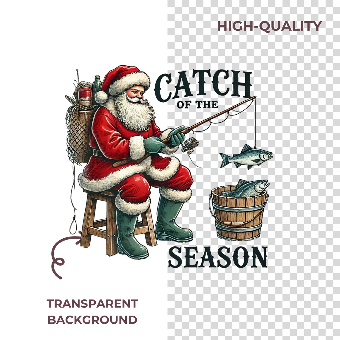 Santa Fishing Christmas Art Print, Catch of the Season Retro Holiday ...