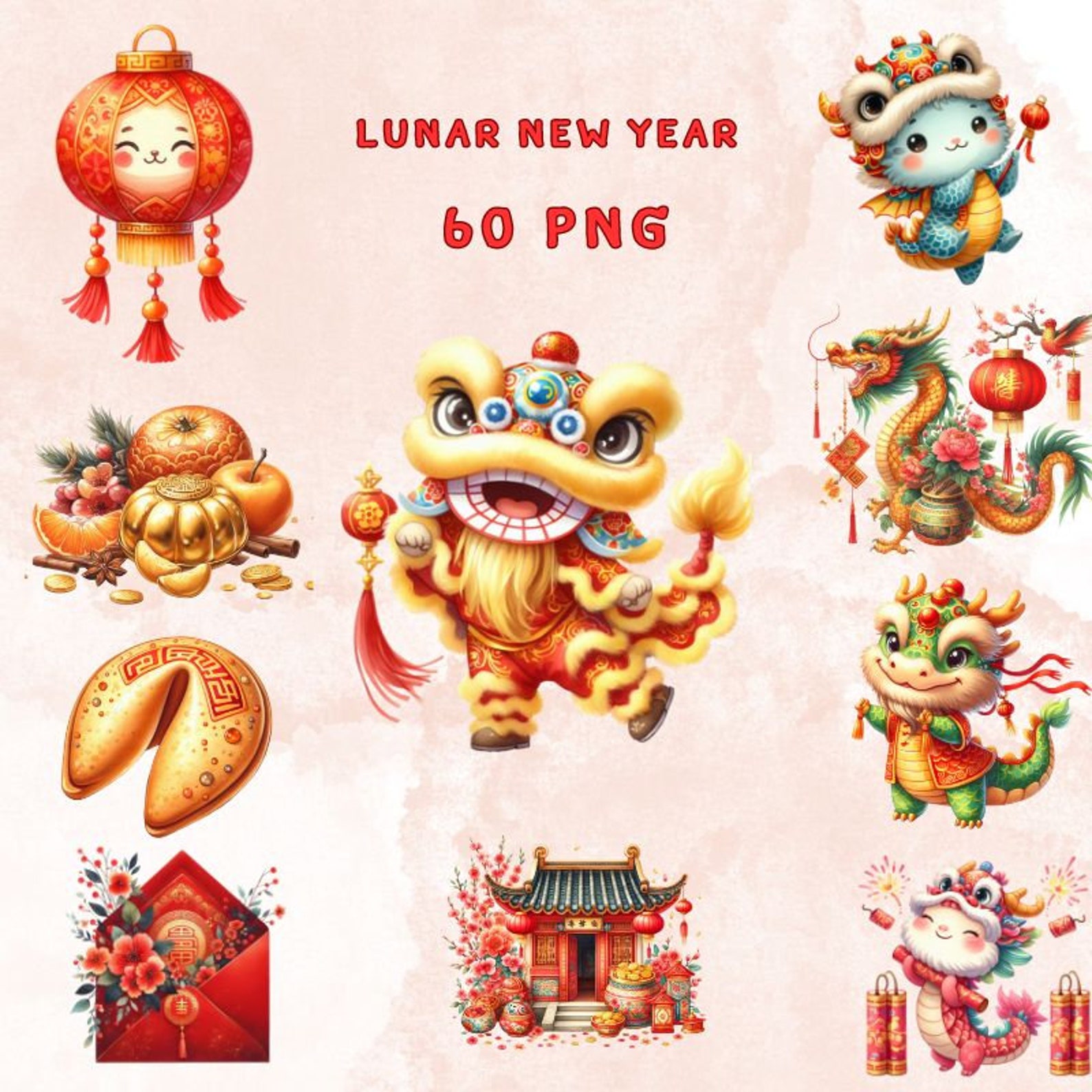 60 PNG Watercolor Lunar New Year, Chinese New Year, Clipart Bundle ...