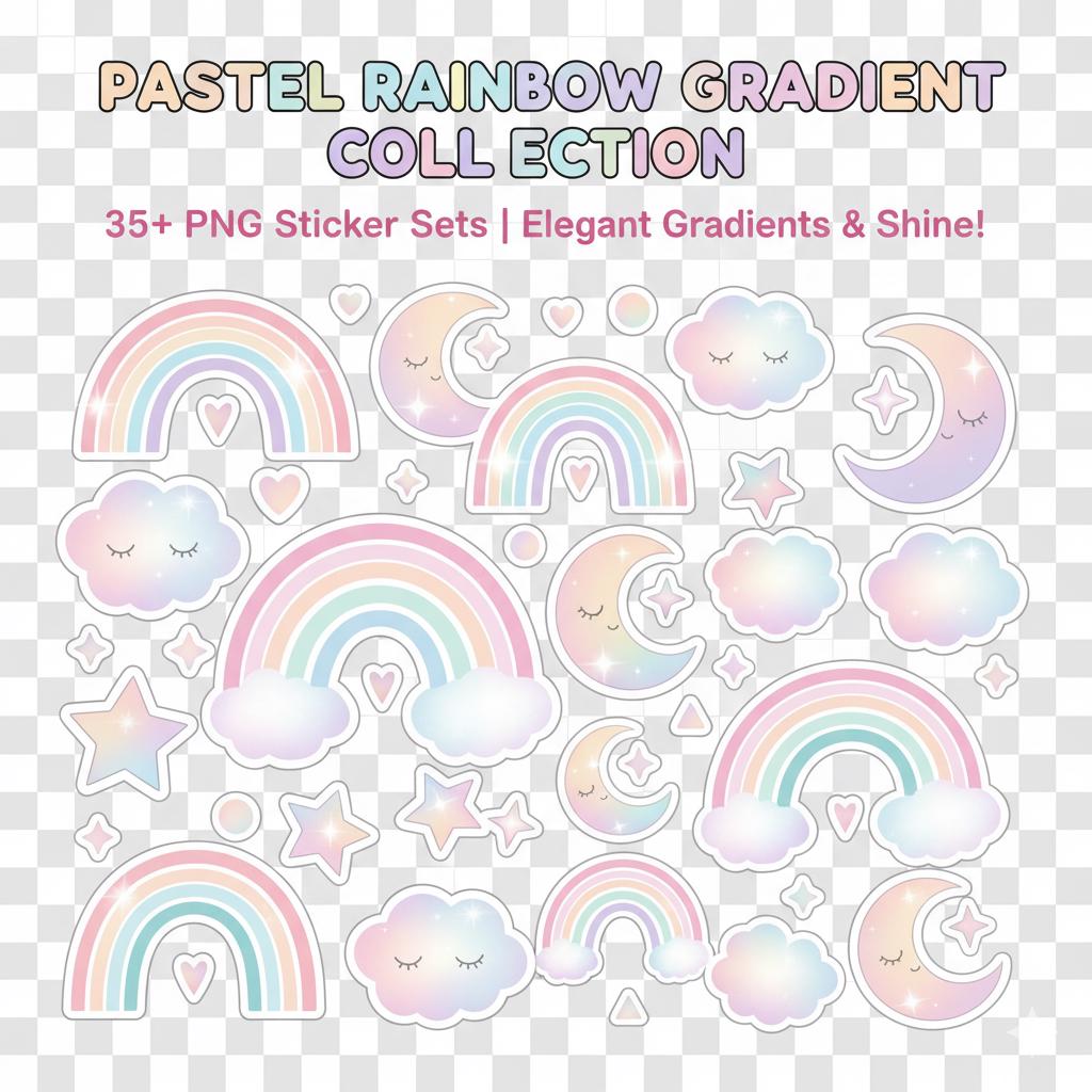 Pastel Rainbow Kawaii Sticker Bundle: Cloud Doodles Clipart (digital ...