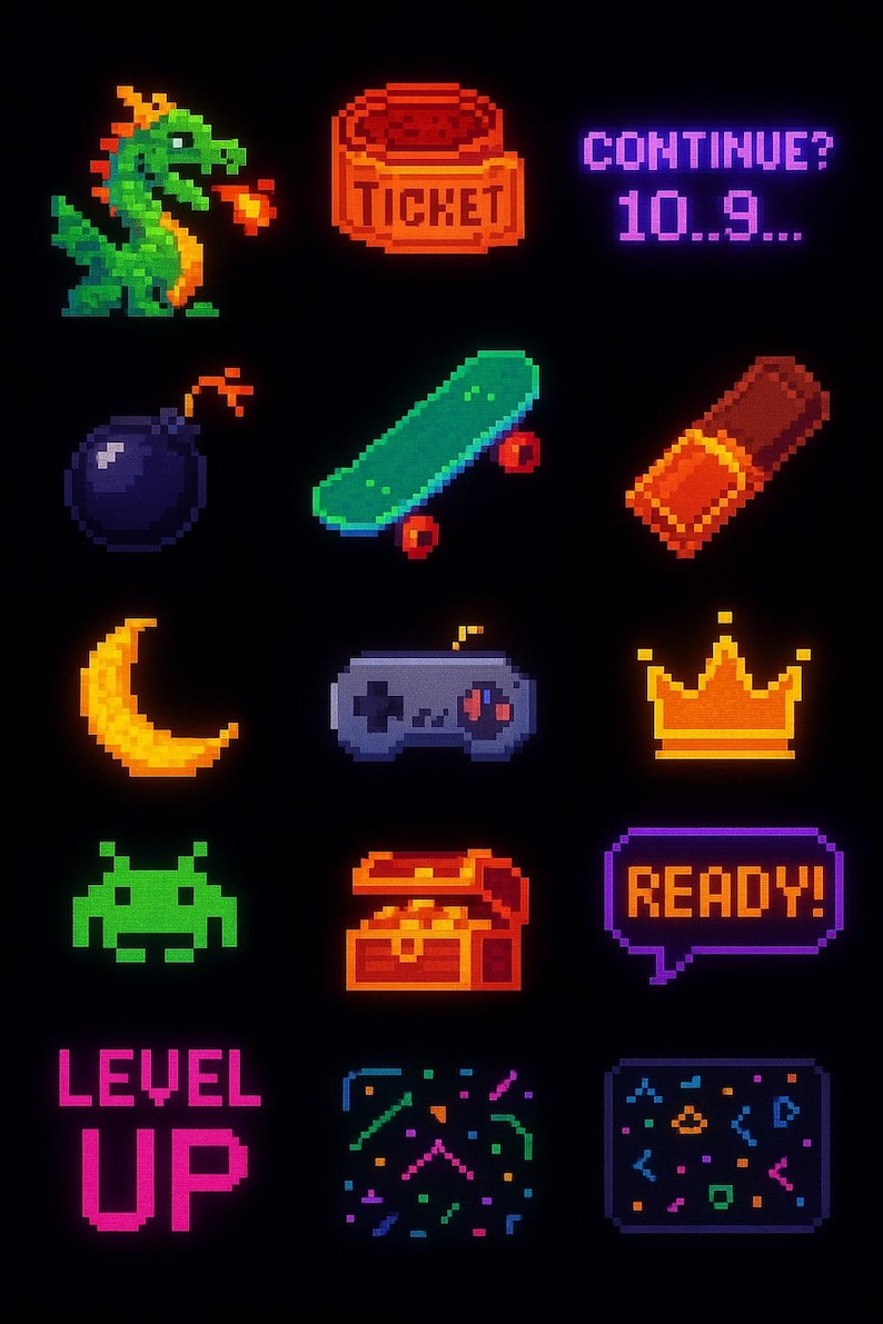 Retro Arcade Stickers Pack – Pixel Art Gaming Stickers, Neon 80s ...