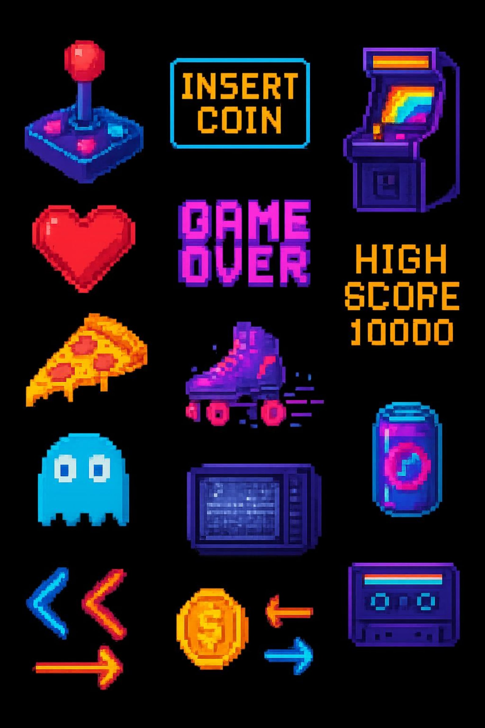 Retro Arcade Stickers Pack – Pixel Art Gaming Stickers, Neon 80s ...
