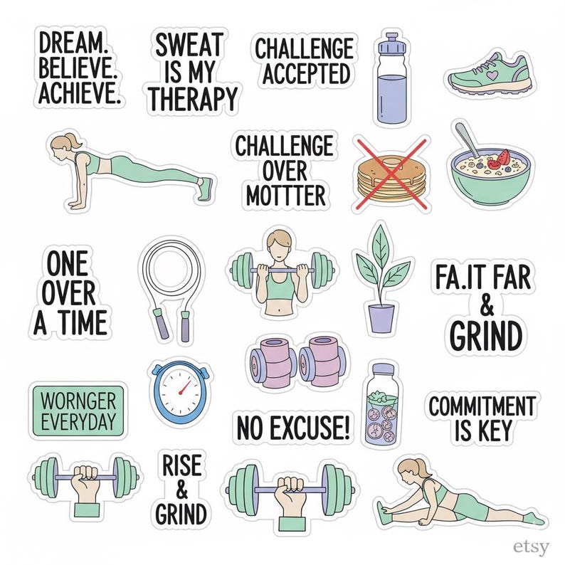 Digital Fitness Sticker Bulk PNG Set: Gym Workout Yoga Motivation - Etsy