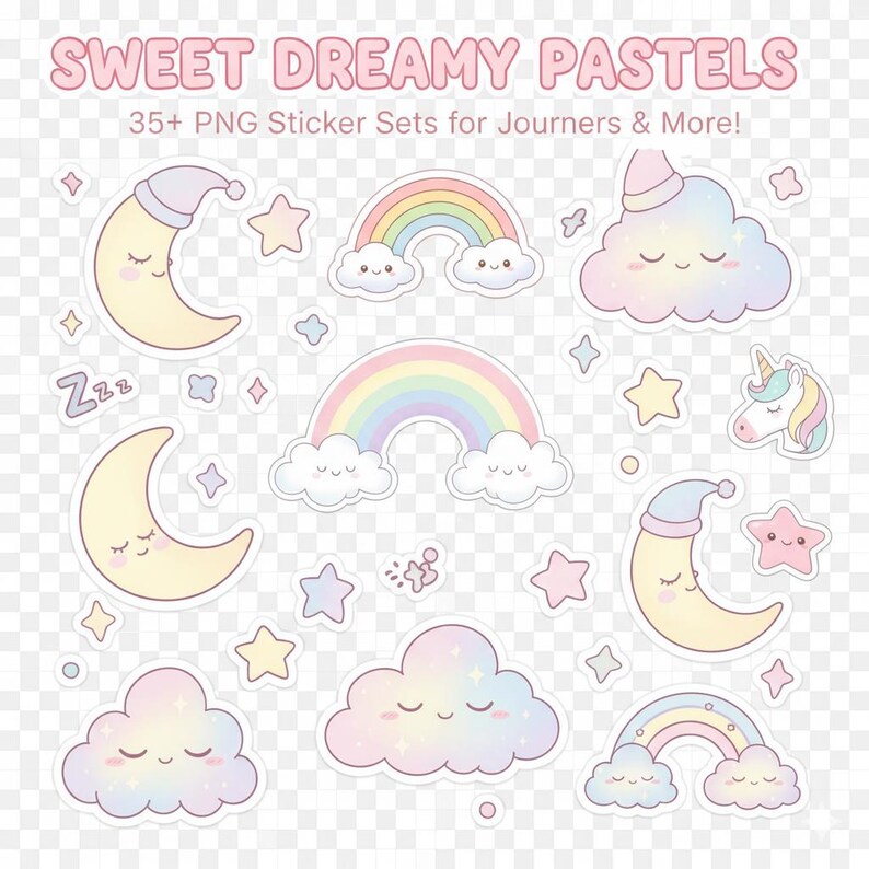 Pastel Rainbow Kawaii Sticker Bundle: Cloud Doodles Clipart (digital ...