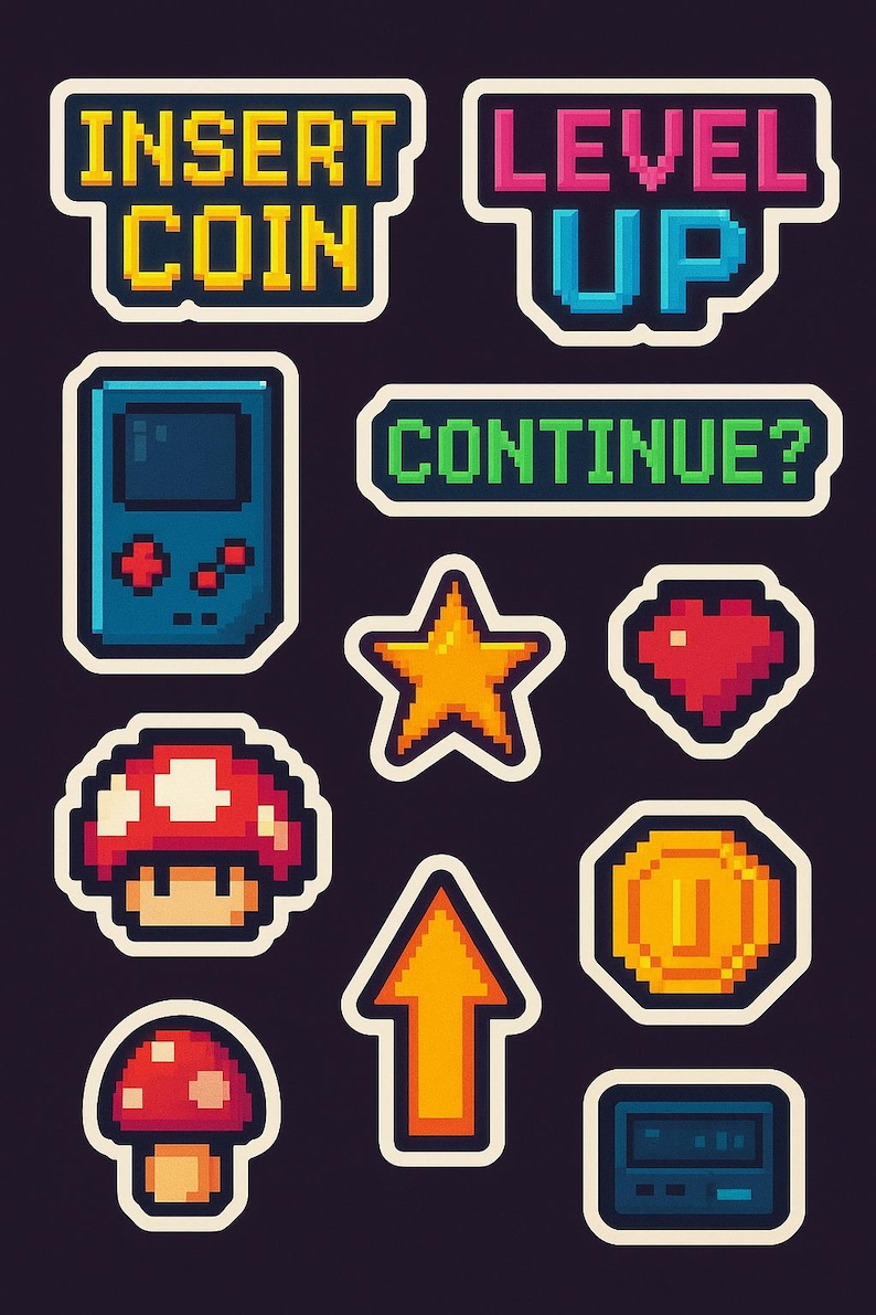Retro Arcade Stickers Pack – Pixel Art Gaming Stickers, Neon 80s ...