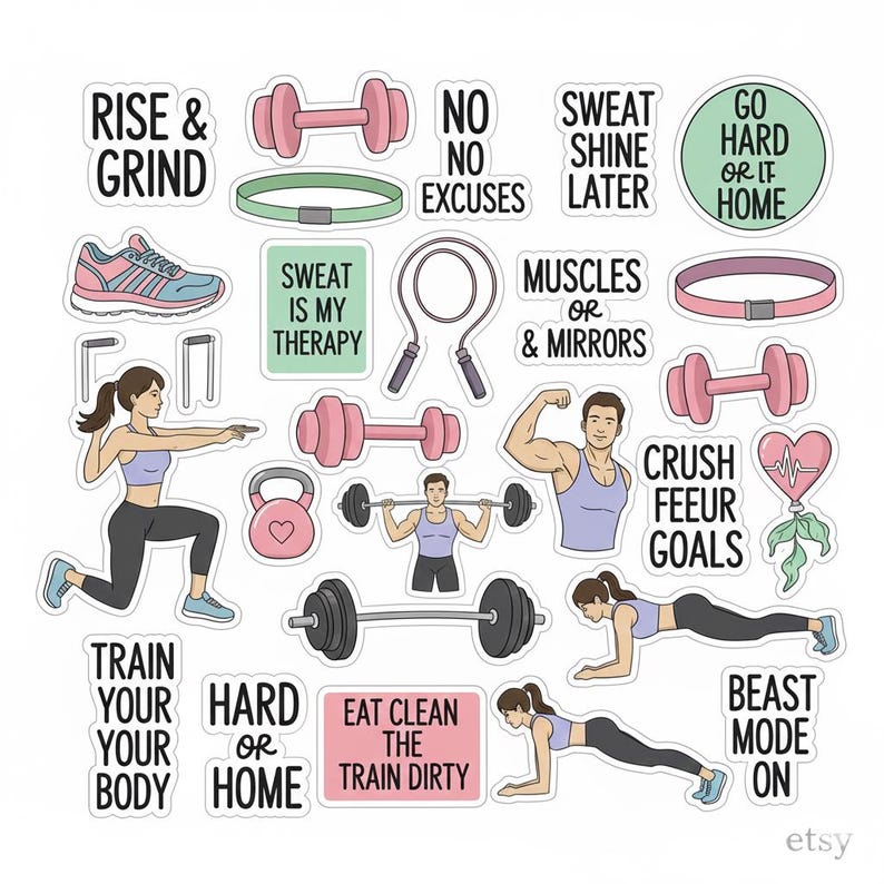 Digital Fitness Sticker Bulk PNG Set: Gym Workout Yoga Motivation - Etsy
