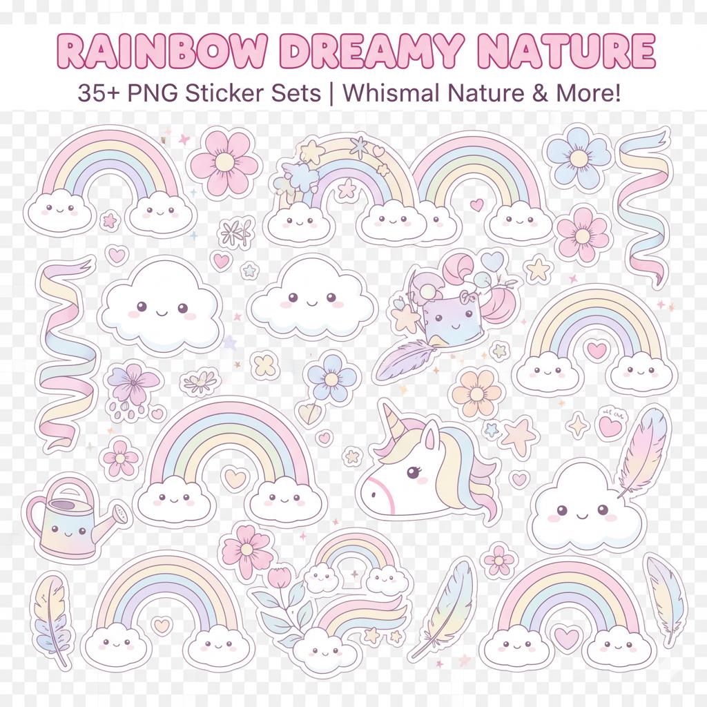 Pastel Rainbow Kawaii Sticker Bundle: Cloud Doodles Clipart (digital ...