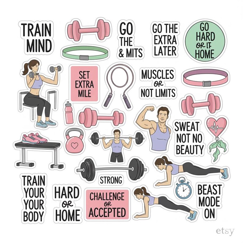 Digital Fitness Sticker Bulk PNG Set: Gym Workout Yoga Motivation - Etsy