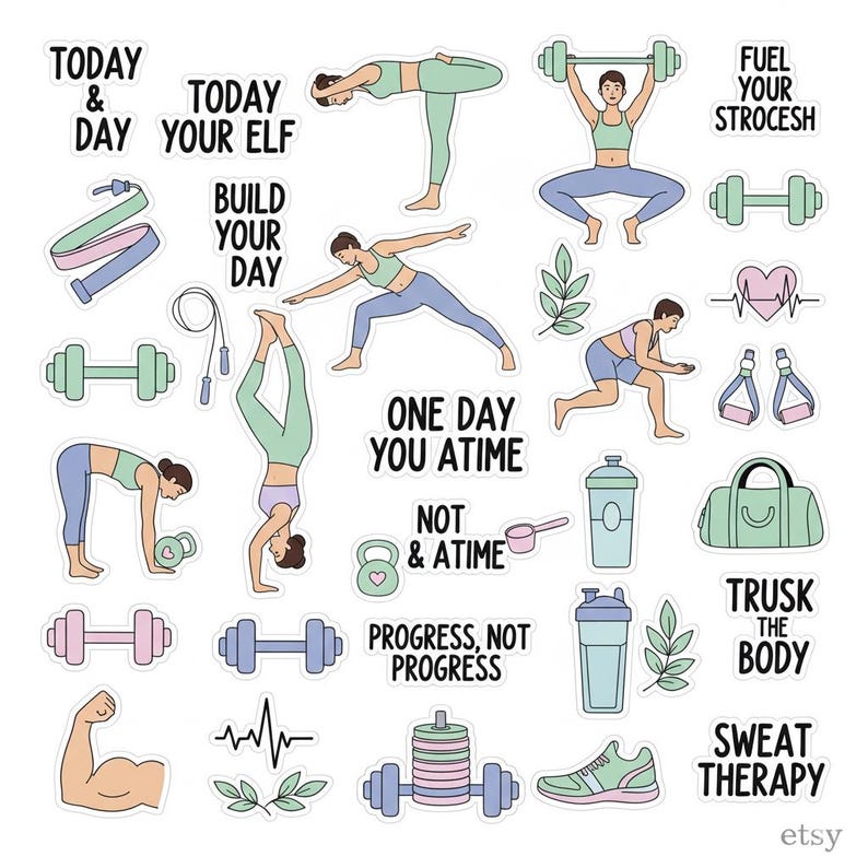 Digital Fitness Sticker Bulk PNG Set: Gym Workout Yoga Motivation - Etsy
