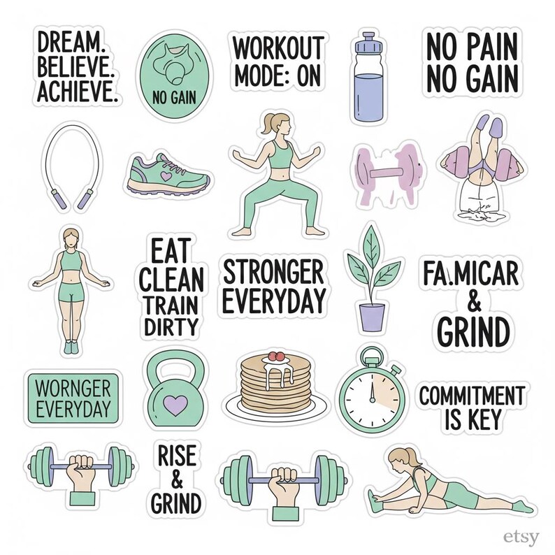 Digital Fitness Sticker Bulk PNG Set: Gym Workout Yoga Motivation - Etsy