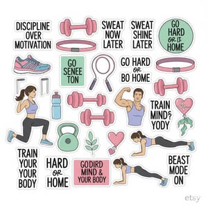 Digital Fitness Sticker Bulk PNG Set: Gym Workout Yoga Motivation - Etsy