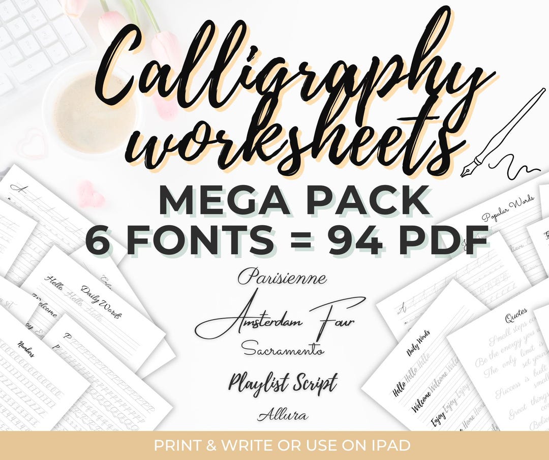 Calligraphy Worksheets Mega Pack | 6 Fonts, 94 Pages | Printable ...