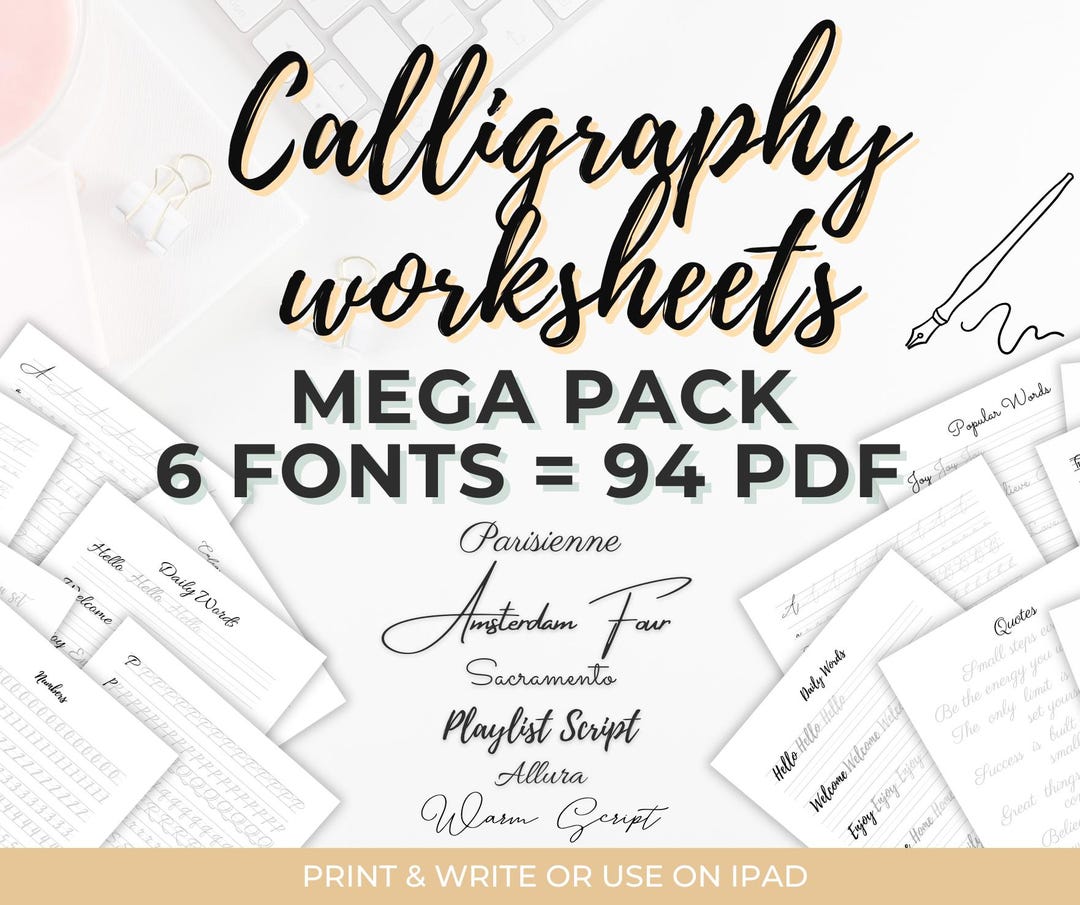 Calligraphy Worksheets Mega Pack | 6 Fonts, 94 Pages | Printable ...