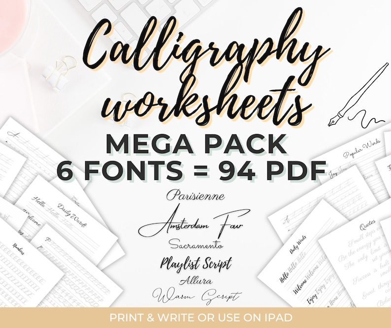 Calligraphy Worksheets Mega Pack | 6 Fonts, 94 Pages | Printable ...