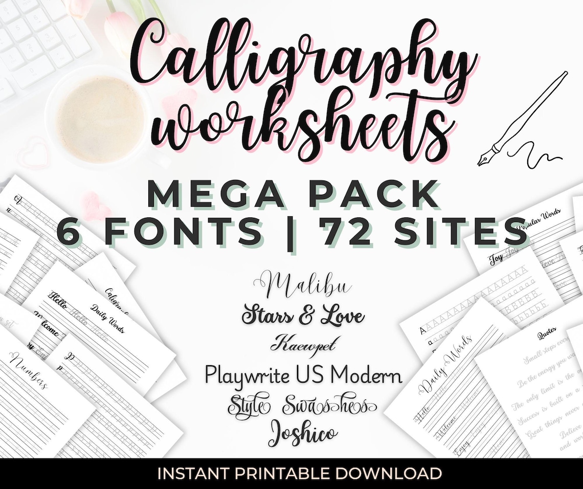 Calligraphy Worksheets Mega Pack | 6 Fonts, 72 Pages | Printable ...