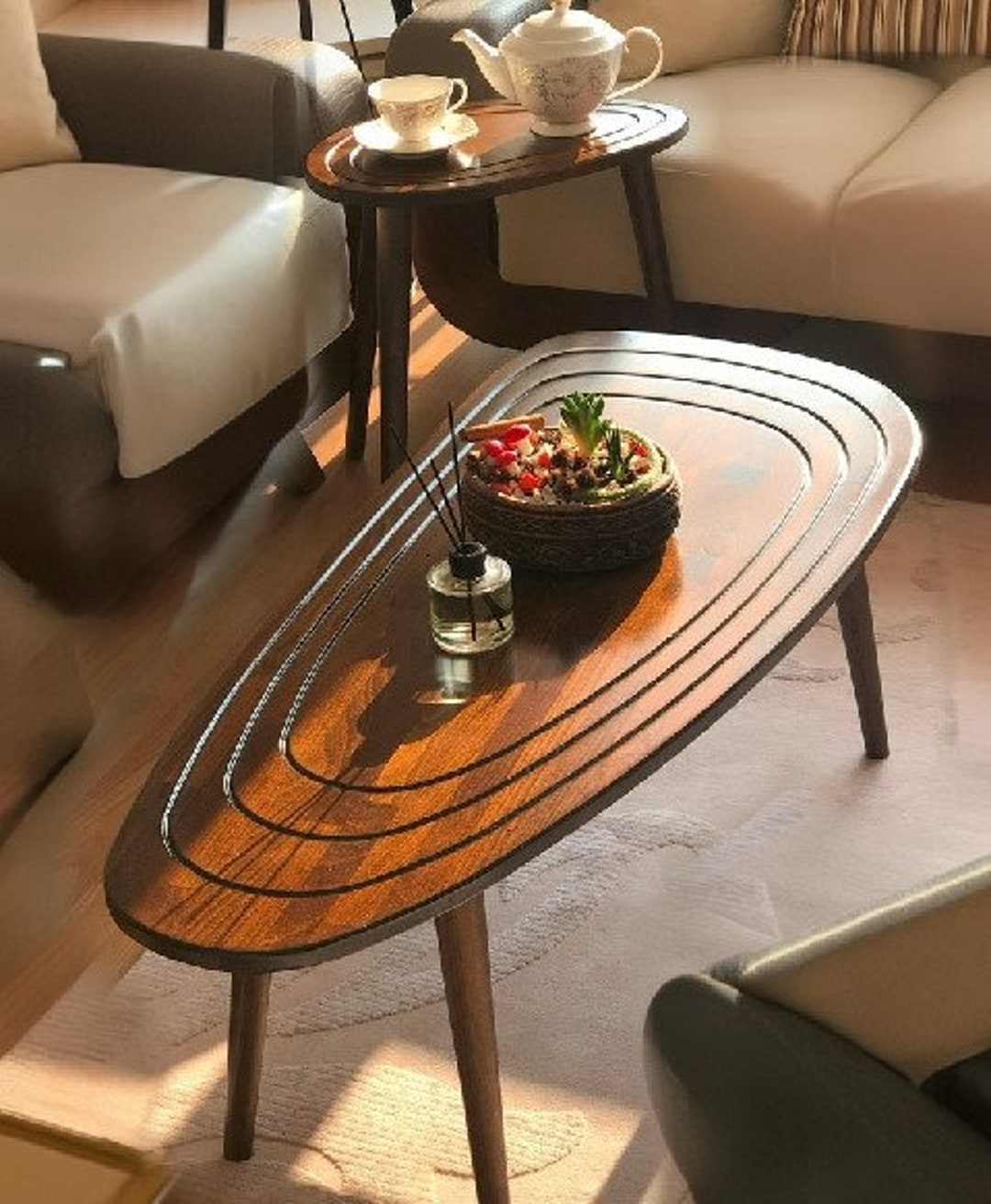 Wooden Oval Coffee Table Side Table, Rustic Mid Century Center Table ...