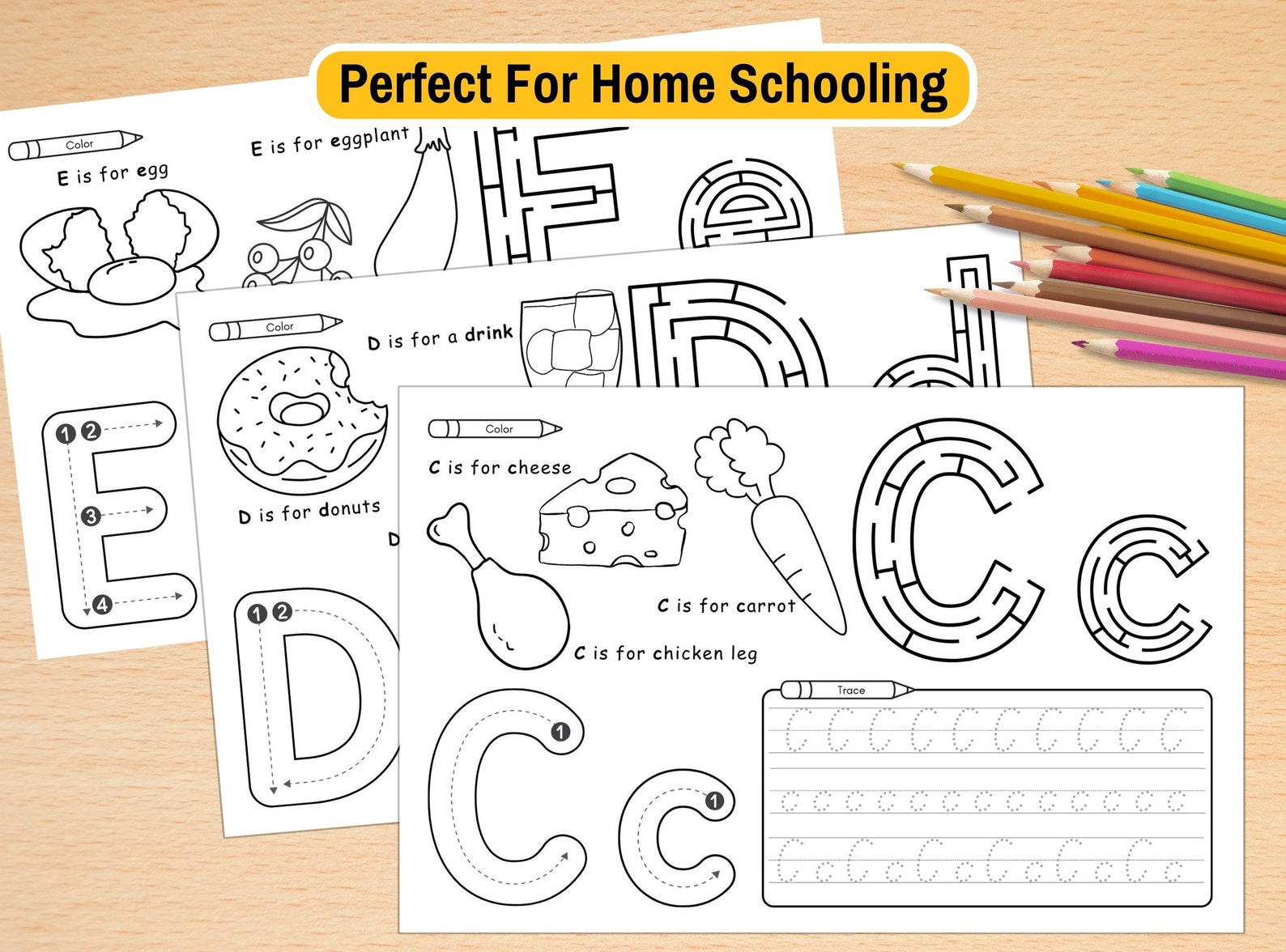 Alphabet Activity Placemats for Kids, Food Theme, Vocabulary Coloring ...