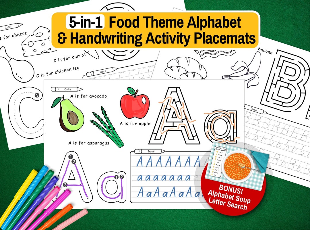 Alphabet Activity Placemats for Kids, Food Theme, Vocabulary Coloring ...