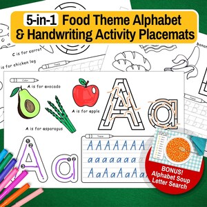Alphabet Activity Placemats for Kids, Food Theme, Vocabulary Coloring ...