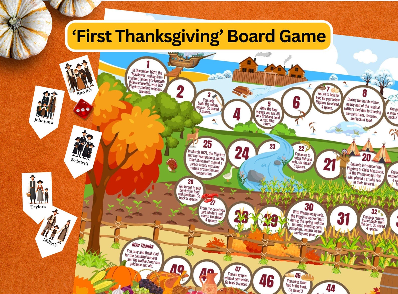 Thanksgiving Story Dice Board Game - Pilgrim History (printable) - Etsy
